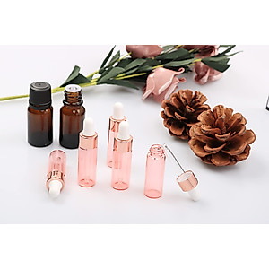 USRommaner 35 Pack,5ml Pink Glass Essential Oil Sample Dropper Bottle,Empty Glass Dropper Vials With Rose-Gold Cap,Glass Pipette Liquid Travel Perfume Holder jar Container-Pipette,Funnel,included