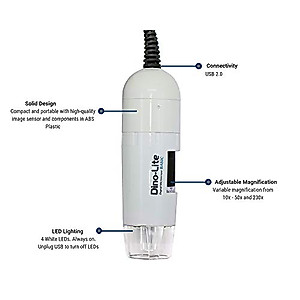 Dino-Lite USB Digital Microscope AM2111-0.3MP, 10x - 50x, 230x Optical Magnification, 4 LEDs