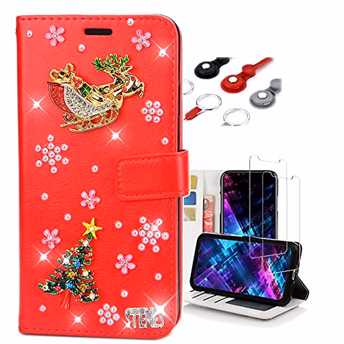 Fairy Art Crystal Wallet Case Compatible with Samsung Galaxy Z Fold 5 - Sled Christmas Tree - Red - 3D Handmade Sparkly Glitter Bling Leather Cover with Screen Protector & Neck Strip Lanyard