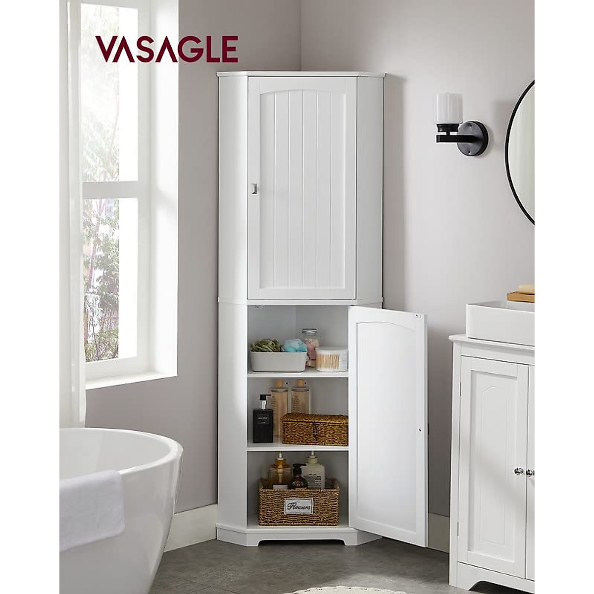 VASAGLE Tall Corner Cabinet, Bathroom Storage Cabinet with 2 Doors and 4 Adjustable Shelves, for Bathroom, Kitchen, Living Room, Modern Farmhouse Design, White UBBC541P31