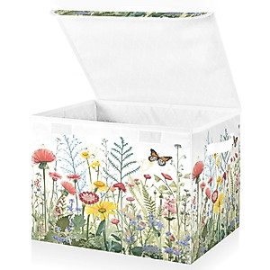 KEEPREAL Wildflowers Butterfly Storage Basket Bin with lid, Large Cube Storage Box Collapsible Storage Organizer for Home Office Closet - 16.5 L x 12.6 W x 11.8 H（51）