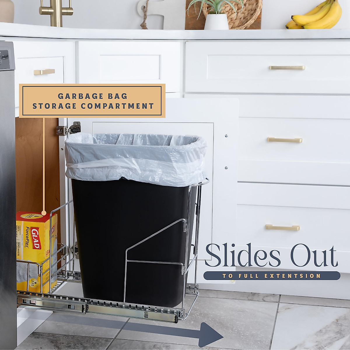 HOLDN’ STORAGE Pull Out Trash Can Under Cabinet - Trash Can Not Included - Dedicated Space for Disposable Trash Bags, Requires a 11” Cabinet Opening, Adjustable, Heavy Duty, Anti Rust Chrome Finish