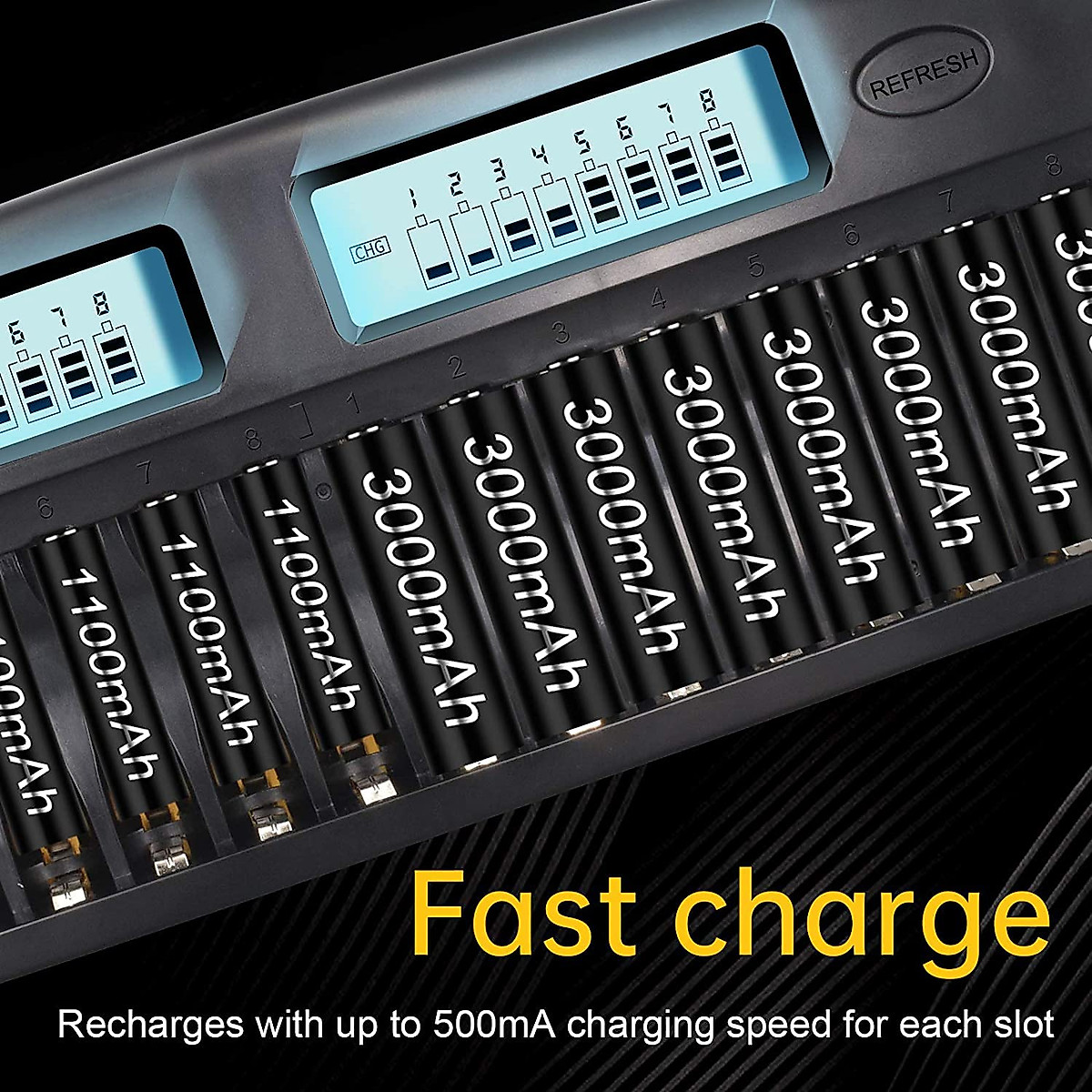 Tenberly 16 Bay Smart LCD Battery Charger for AA AAA 1.2V NIMH NICD Rechargeable Battery with AC Wall Adapter