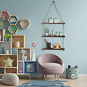 2 Sets Hanging Shelves for Wall 3 Tier Antique Wood Floating Hanging Shelf with Ropes Window Plant Shelves Rustic Storage Rack Wooden Floating Small Bookshelves for Bedroom Living Room Bathroom Decor