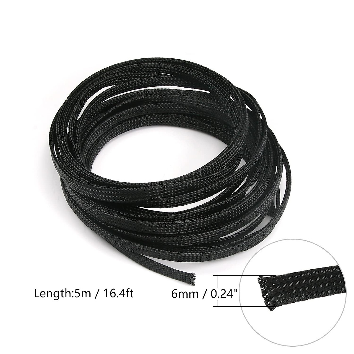 Bettomshin 1Pc 16.4Ft(5m) Cable Management Sleeve, 1/4"(6mm) Width PET Black Cord Protector, Wire Loom Tube Insulated Split Sleeving for USB Cable Power Cord Organizer Video Cable Hider