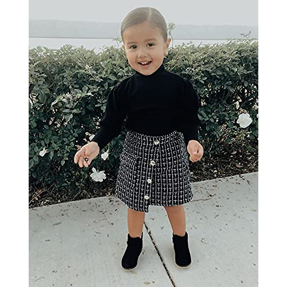 Kupretty Toddler Baby Girl Fall Winter Clothes Turtleneck Solid Knit Pullover Tops Plaid Button A-Line Skirts Set Outfits (Black Plaid Skirt Set, 3-4T)
