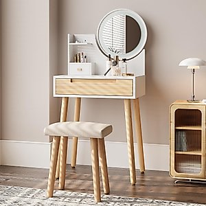 ARTETHYS Small Vanity Desk Set with 3 Adjustable Lighted Mirror and Storage Shelf White Tiny Vanity Table with Drawer for Bedroom 24 Inch Makeup Vanity Compact Dressing Table for Small Space