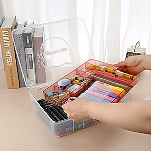 BTSKY 2-Tier Cute Bear Storage Box with Removable Divided Tray Portable Clear Plastic Art Craft Supply Organizer Stackable Home Office Supplies Storage Container for Pens Notes A4 papers etc (Pink)