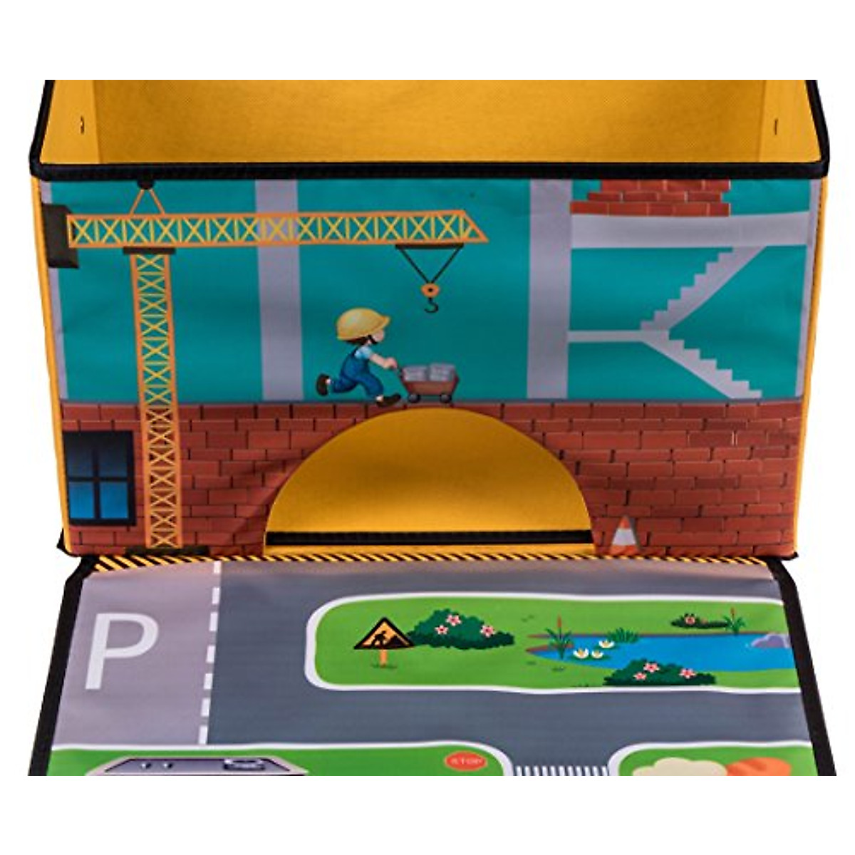 Clever Creations Collapsible Toy Storage Organizer and Play Mat for Kids - Perfect Toy Chest for Organizing Books, Toys, Games, and more - Construction Site Theme