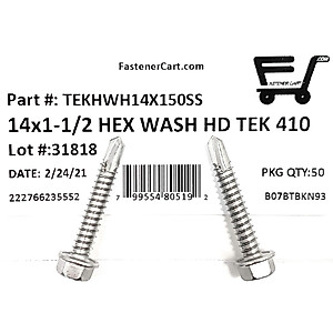 #14x1 1/2 Stainless Steel Hex Washer Head Self Drilling Tapping TEK Screw (410 Stainless Steel) 50 Pieces 14X1-1/2
