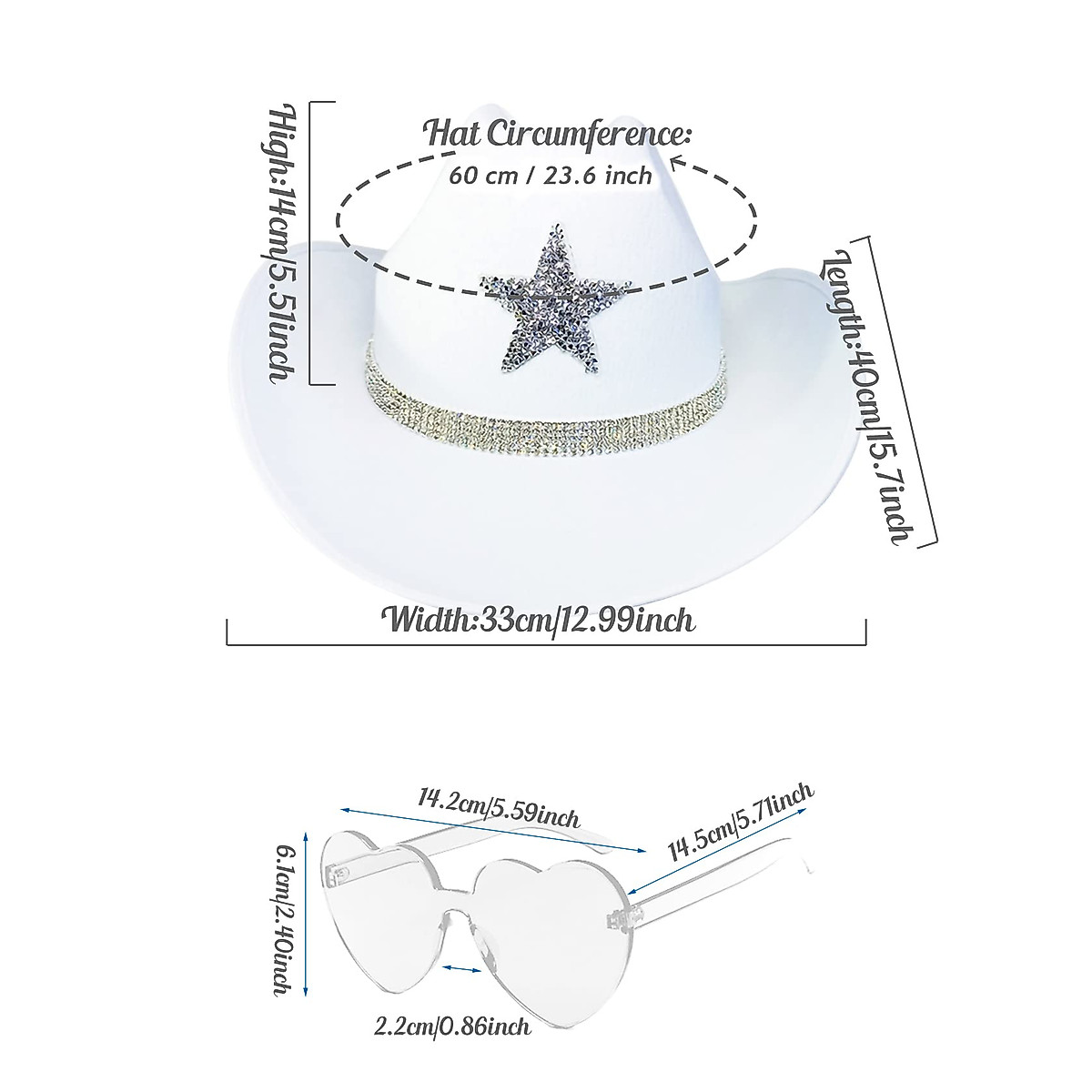 YBHOMINE White Cowgirl Hat with Heart Sunglasses - Cowboy Hat with Glitter Star Fits Women for Bachelorette Themed Party(Glitter Star)
