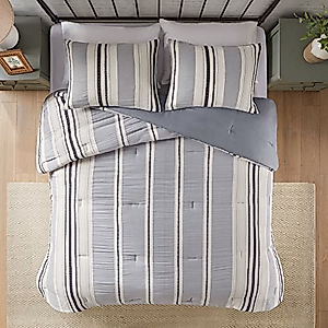 Hyde Lane Tahoe Farmhouse Bedding Set ,Blue Modern King Size Comforter,Cotton Top with Neutral Rustic Style Stripes, Boho Bedroom Bed Sets,3-Pieces Including Matching Pillow Shams(104x90 Inches)