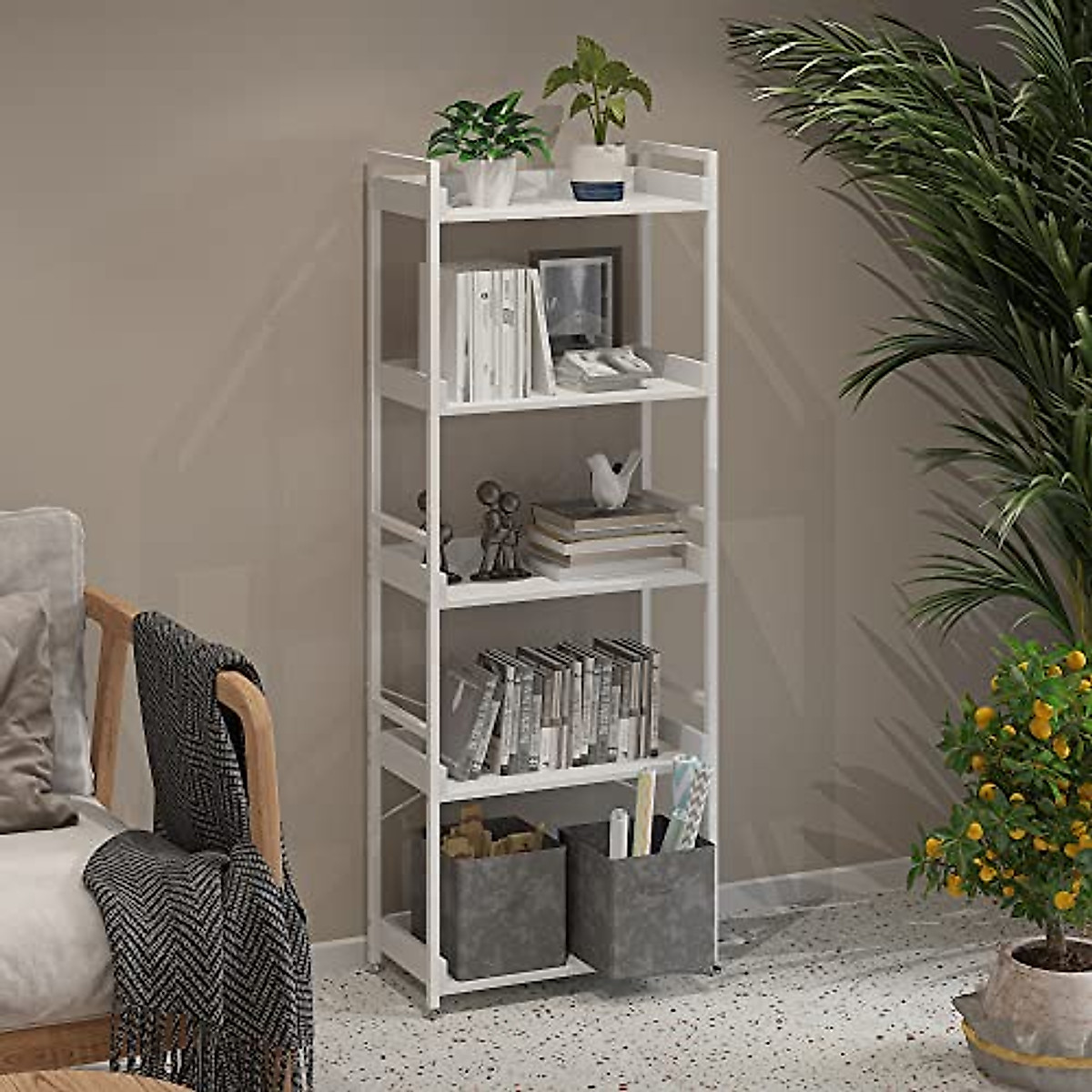 4NM Open Shelf 5-Tier Industrial Bookshelf Storage Shelves Vintage Bookcase Standing Racks for Home Office Pantry Closet Kitchen Laundry - All White