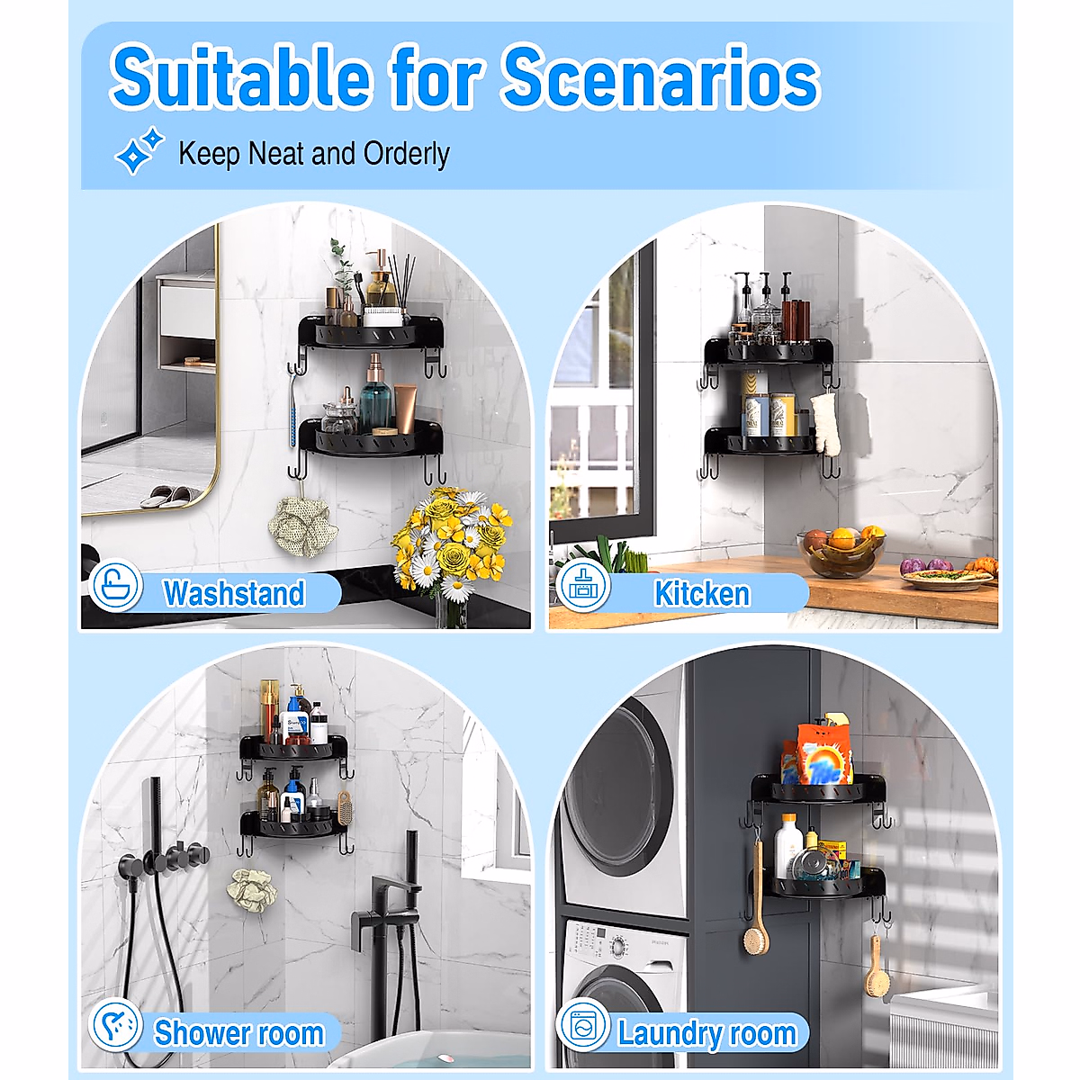 360°Rotating Corner Shower Caddy Shelf With 6 Hooks,2PACK Bathroom Lazy Susan Shower Organizer Corner with 5Pcs Adhesive,Stainless Steel Shower Racks for Inside Shower for Home Apartment Decor(Black）