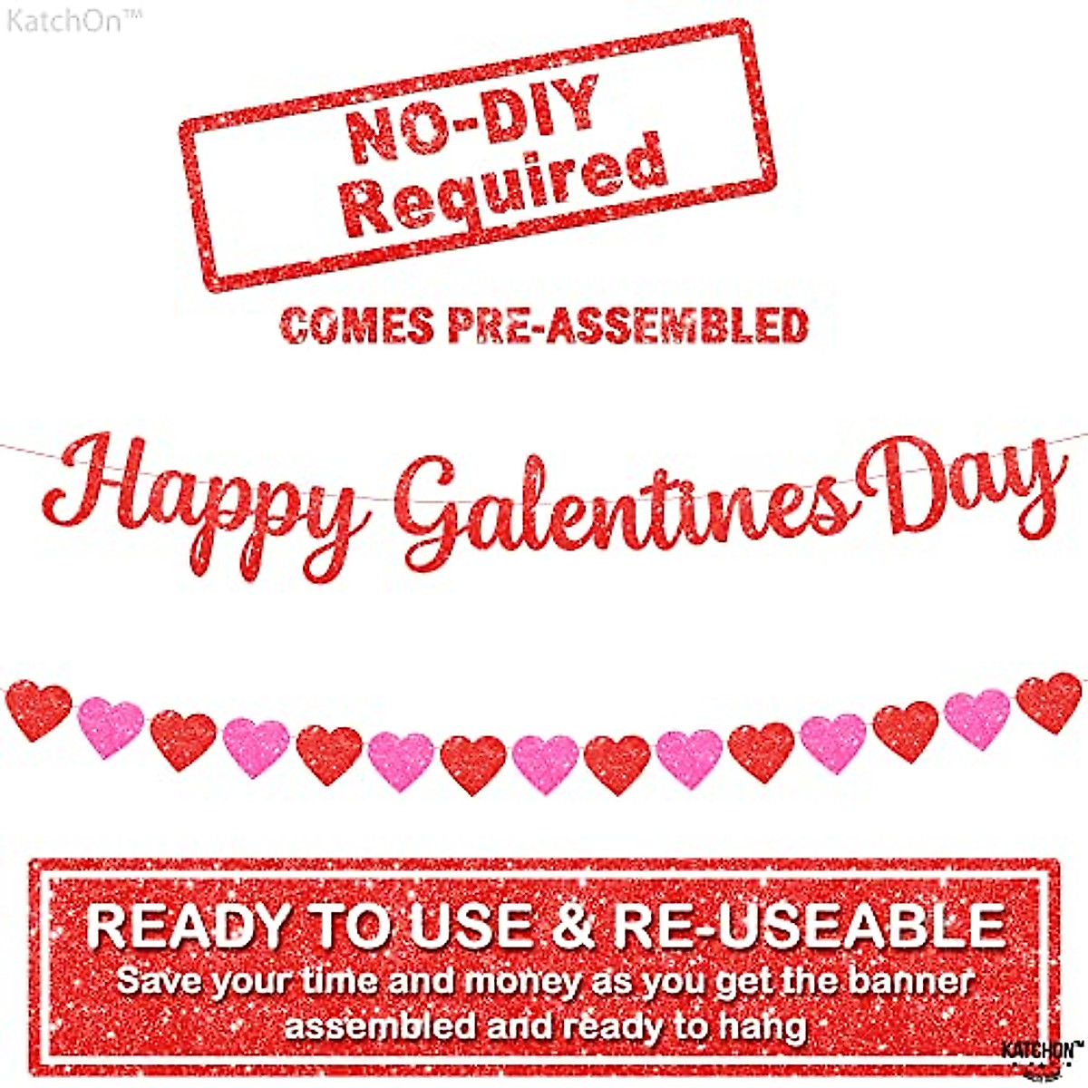 Glitter, Red Happy Galentines Day Banner - 2 Strings, No DIY | Happy Galentines Day Decorations | Galentines Day Party Favors for Be My Galentine Decor | Galentine's Day Decorations, Galentines Décor