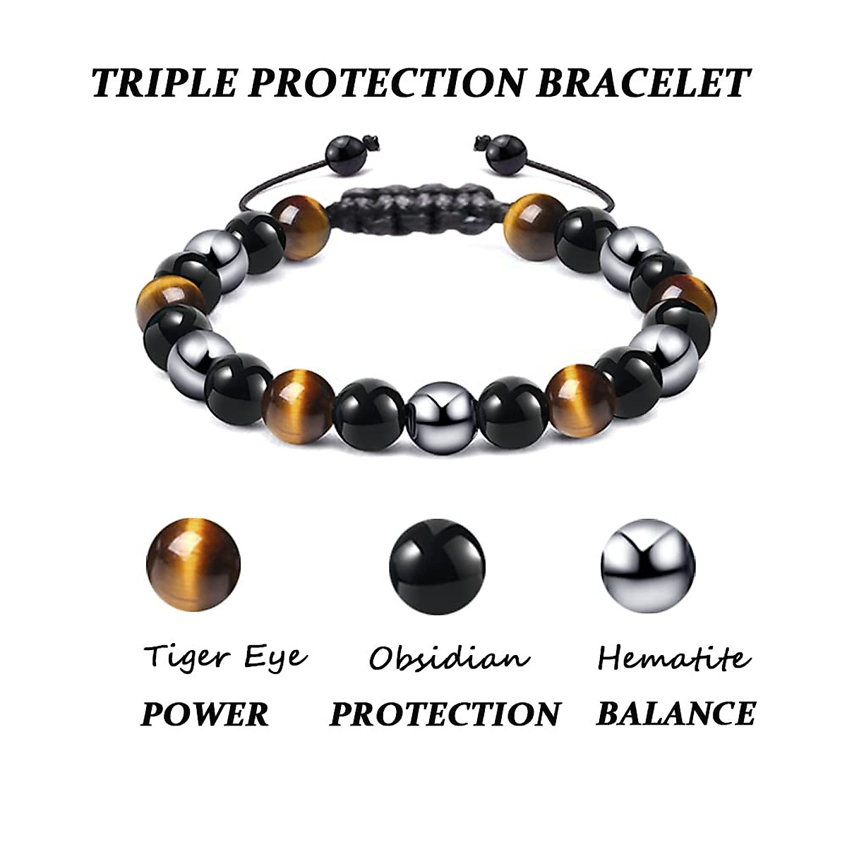 SOOWOOT 2-4Pcs Triple Protection Bracelet - Tiger Eye & Obsidian & Hematite Triple Bracelet Bring Protect Good Luck and Prosperity for Men Women (D:2pcs-Weave)
