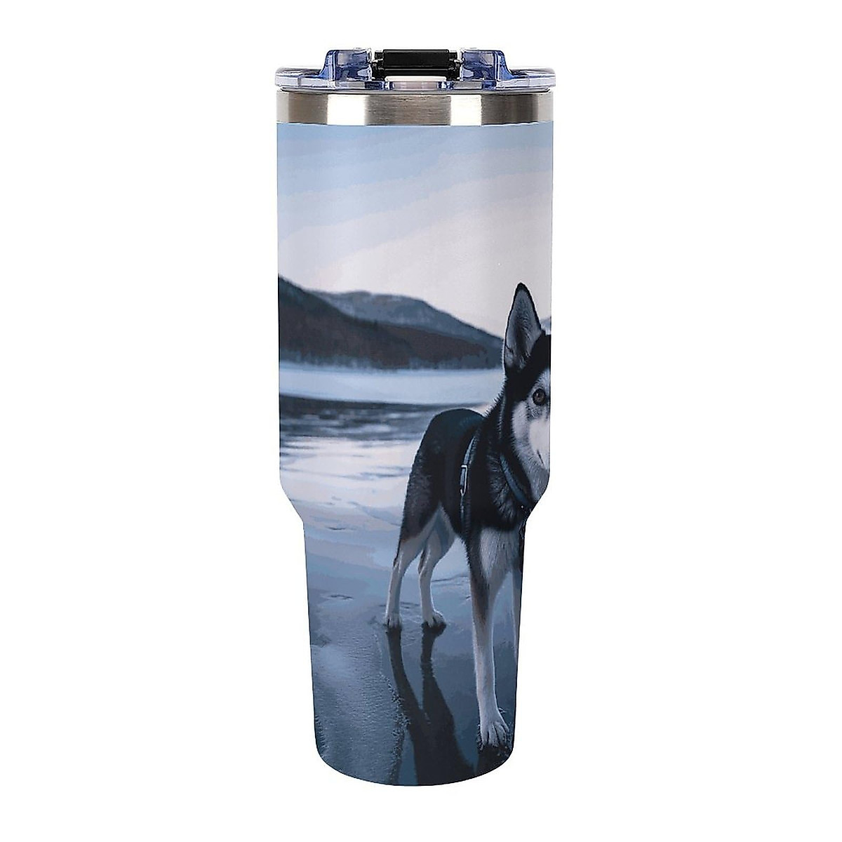 LLUTSNTH 40 Oz Vacuum Tumbler with Violet Handle Leakproof Insulated Tumbler Husky Dog on A Frozen Lake Stainless Steel Travel Mug with Lid And Straw Coffee Cup Cute Water Bottles Cup Holder Friendly