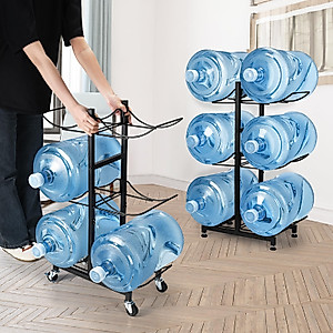 5 Gallon Water Bottle Holder with 4 Wheels, Heavy Duty Foldable Water Jug Stand 3-Tier Movable 5 Gallon Water Jug Holder Water Dispenser Rack for 6 Bottles, Black