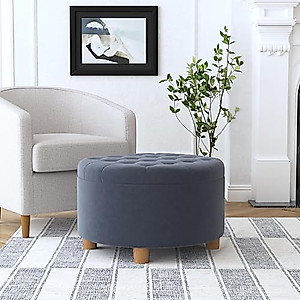 HomePop Home Decor | Button Tufted Velvet Round Storage Ottoman | Ottoman with Storage for Living Room & Bedroom, Steel Blue Velvet