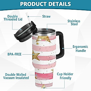 FRCSDIY Striped Stars Insulated Tumbler with Handle and Straw Lid,40oz Leakproof Stainless Steel Cup BPA-Free Water Bottle