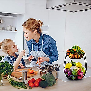 Kitchen Fruit Basket Stand 2 Tier – Tiered Fruits, Vegetable Holder for Kitchen Countertop Modern – Produce Storage Organizer, Fruit Bowl, Snack Rack, Screws Free Design Produce Bin - Black