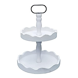 White Wood Two-Tier Tray with Metal Handle, Rustic Decorative Two Tiered Stand，Farmhouse 2 Tier Serving Tray for Kitchen Counter, Coffee Bar, Dining Room Table