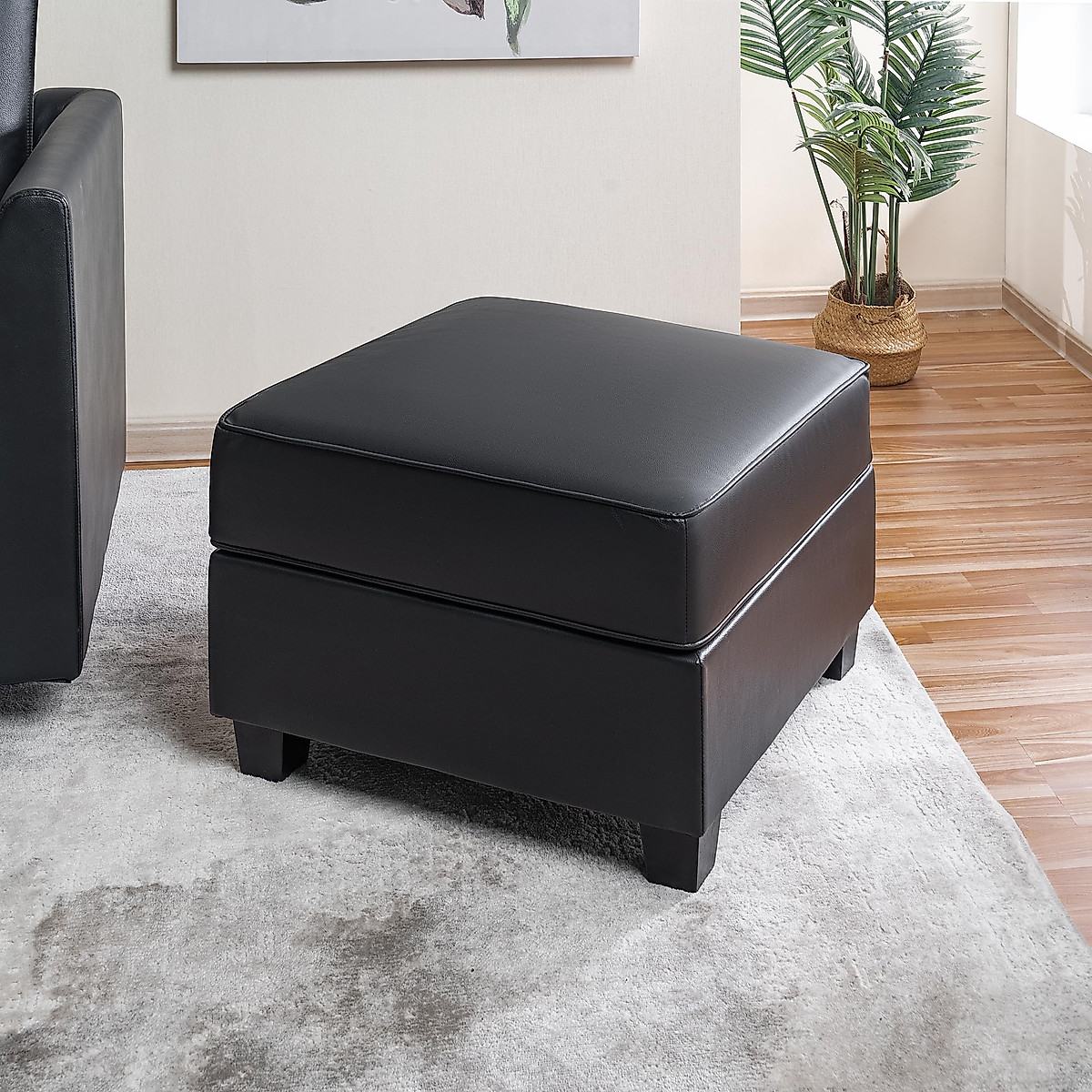 Naomi Home Square Ottoman Module for Modular Sectional Sofa, Storage Ottoman Footrest and Square Seat Cube, Air Leather Foot Stool - Black