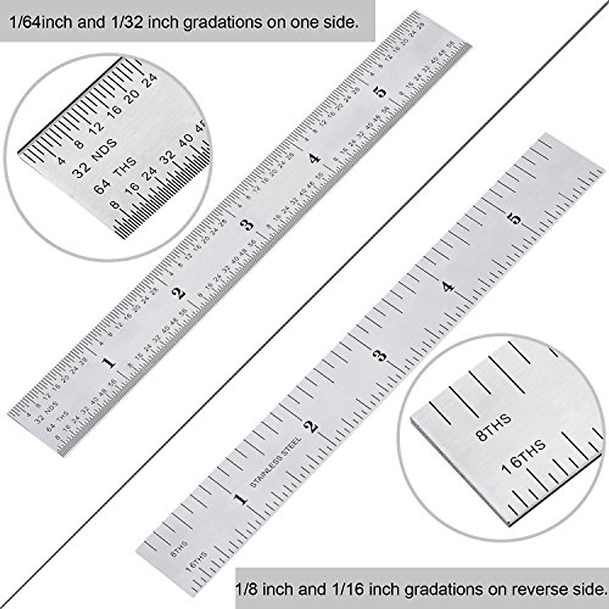 eBoot 2 Pack Stainless Steel Ruler Machinist Engineer Ruler, Rigid Metal Ruler with Inch Graduations 1/8, 1/16, 1/32, 1/64 Inch for Engineering, School, Office, Architect, and Drawing, 6 Inch