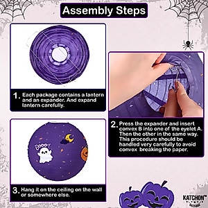KatchOn, Happy Halloween Decorations - Pack of 14 | Halloween Pompom, Halloween Party Decorations | Halloween Lanterns, Hanging Halloween Decorations | Purple and Black Halloween Theme Party Supplies
