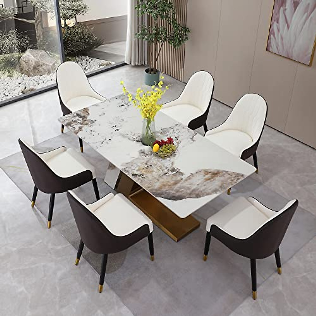 HomSof 71" Contemporary Dining Table Sintered Stone Z Shape Pedestal Base in Gold Finish with 6 pcs Chairs,Gold+White+Black