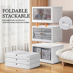 EHAMILY 19 Gal Stackable Storage Bins with Lids 3 Pack,Collapsible Storage Bins with Doors Plastic Folding Storage Box with Wheel,Large Foldable Storage Boxes for Dormroom Clothes,Grey