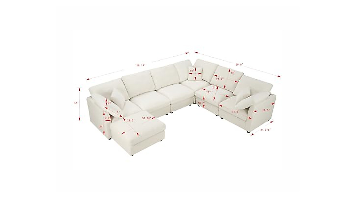 Modular Cushions Sectional Sofa with Movable Ottoman