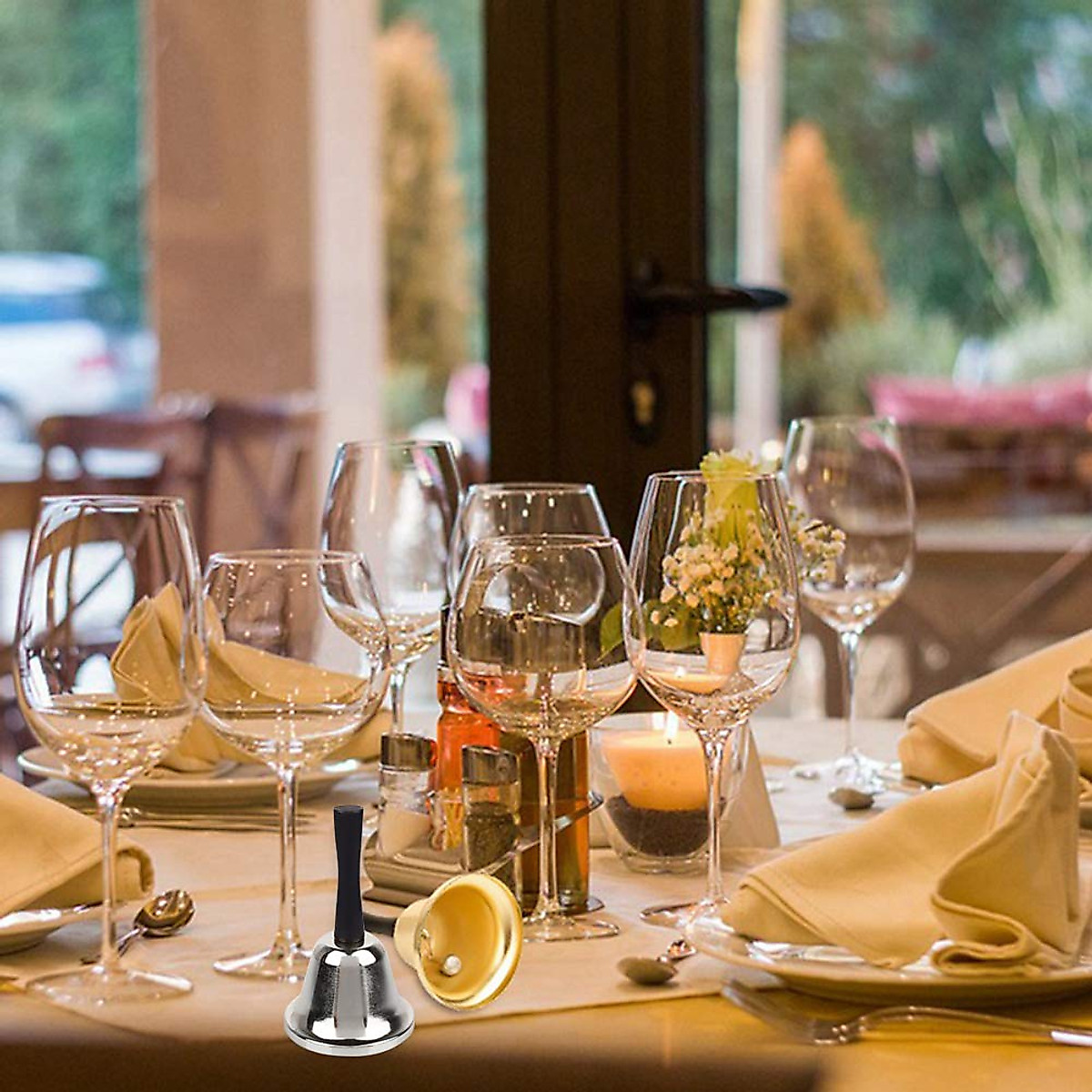 12Pcs Hand Bells Silver and Gold Steel Service with Black Wooden Bell for School Church Adults Classroom Wedding Decorative