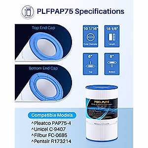 POOLPURE PAP75 Pool Filter Replaces Pentair CC75, PAP75, Ultral-C2, R173214, 59054100, Unicel C-9407, Filbur FC-0685, 590541, 75 sq.ft Filter Cartridge 1 Pack