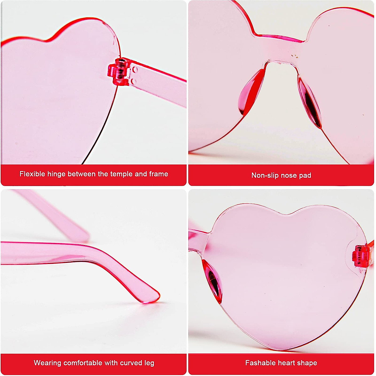 LEFIMOT 12 Pairs Heart Sunglasses Heart Shaped Rimless Sunglasses Frameless Pink Heart Glasses Transparent Party Sunglasses for Women Party Favors