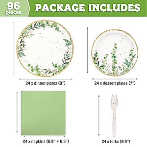 DECORLIFE Sage Green Paper Plates Serves 24, Baby Shower Plates and Napkins Set for Greenery Bridal Shower Birthday Party, Total 96PCS