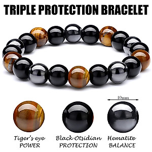 Hicarer 4 Pieces Bracelet Tiger Eye Beads Bracelet Lava Stone Essential Oil Diffuser Bracelets Stress Relief and Anxiety Bracelet, Healing Crystal Yoga Bracelet for Men Women(Basic Style)