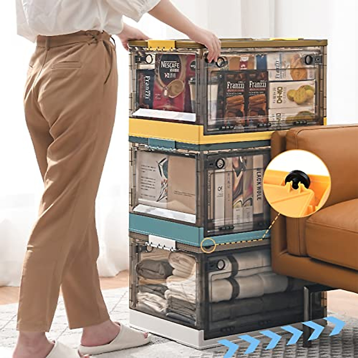 56 Quart Collapsible Storage Bins with Lids, Clear Stackable Lidded Storage Box with Wheels, Plastic Storage Container with 2 Doors, Storage Organizer with Attached Lid (Extra Large, Brown)