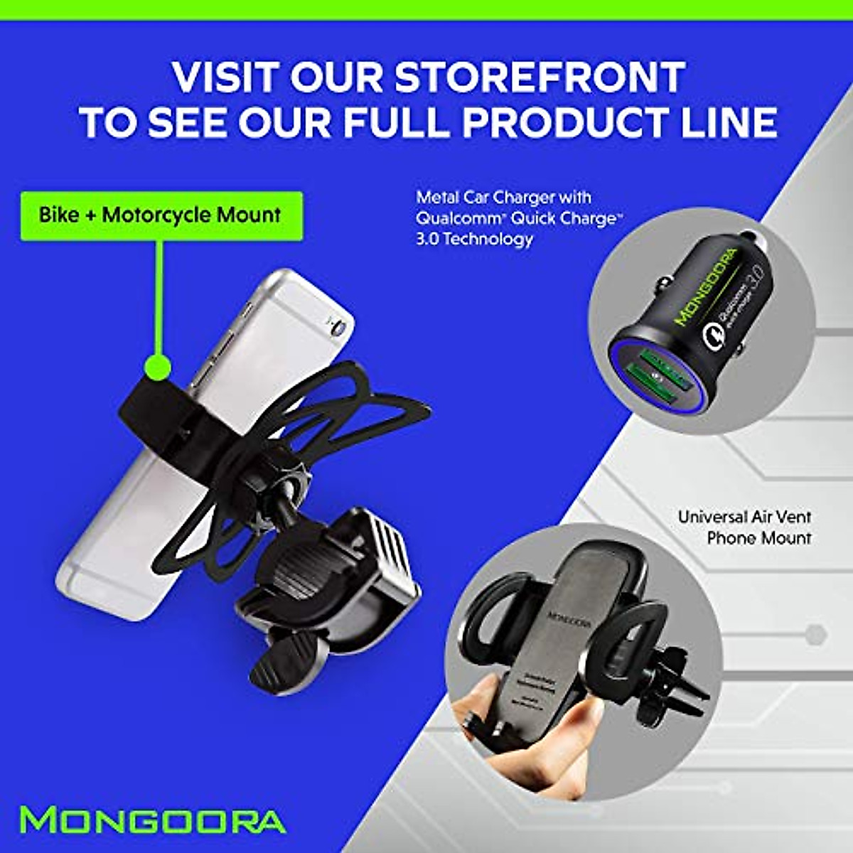 Mongoora Bike & Motorcycle Phone Mount - GPS Cell Phone Holder for Bicycle Handlebar - Easy to Install Bike Accessories Fits iPhone, Galaxy, Android - Stocking Stuffers - 3 Bands (Black, Red, Green)