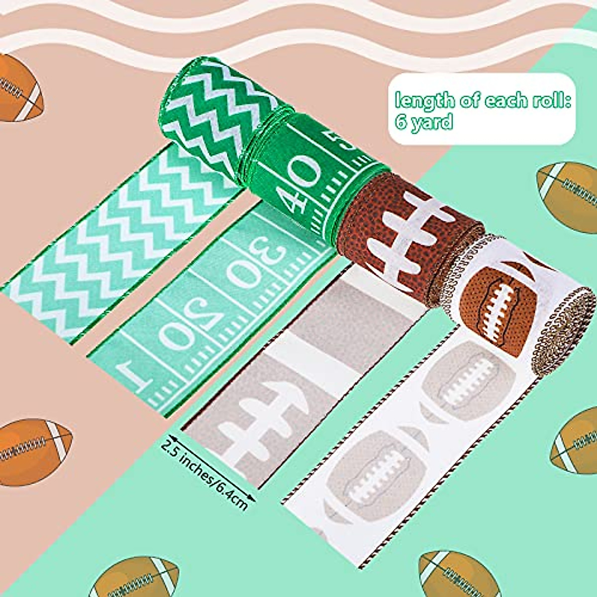 26 Yards 2.5 Inch Football Wired Ribbon Sport Wired Edge Ribbon Football Printed Burlap Ribbon Green Striped Ribbon for DIY Present Wrapping Craft, Football Fan Wreath, Swag and Bow, 4 Rolls