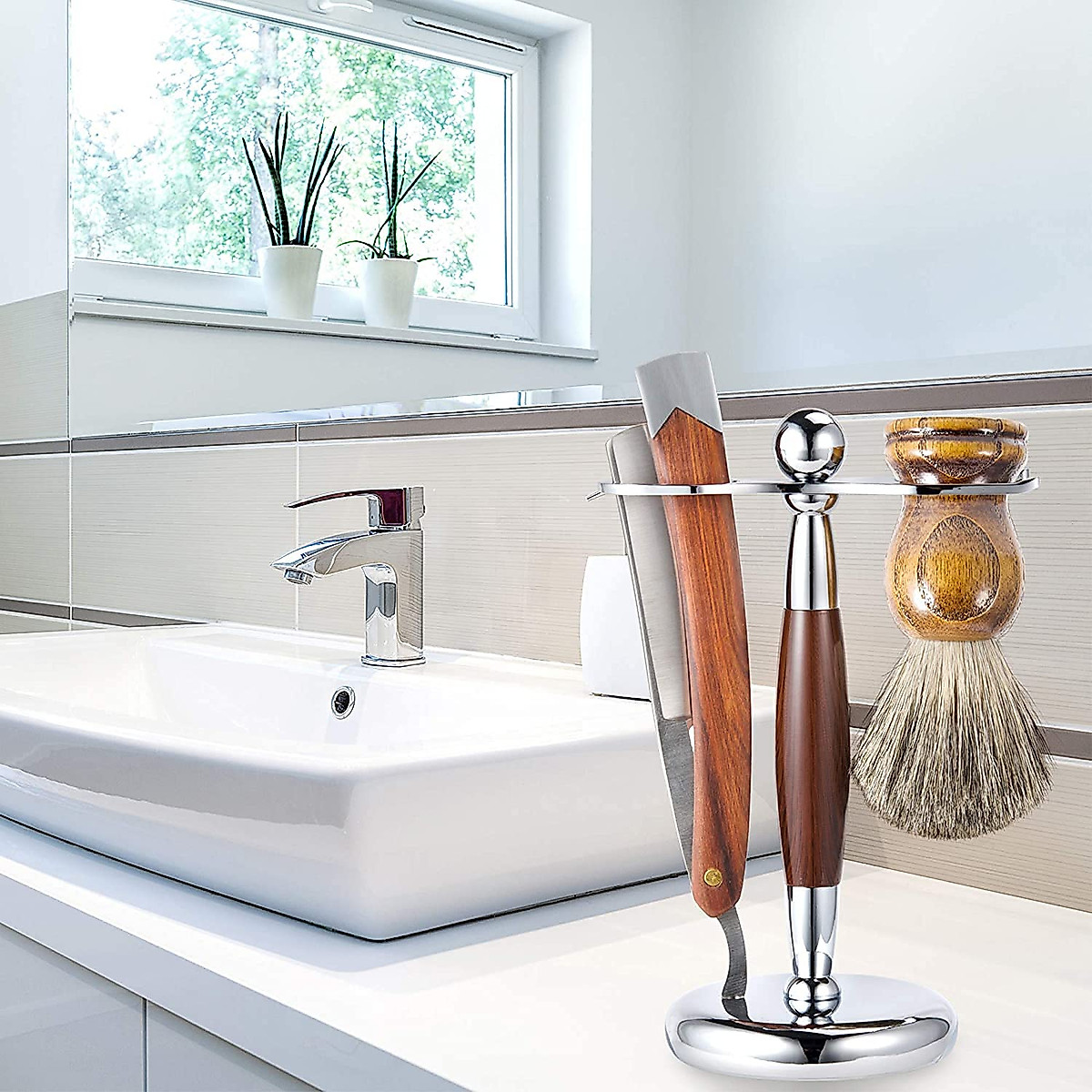 Men Straight Shaving Razor Badger Hair Brush Stand Holder Leather Strop Soap Bowl