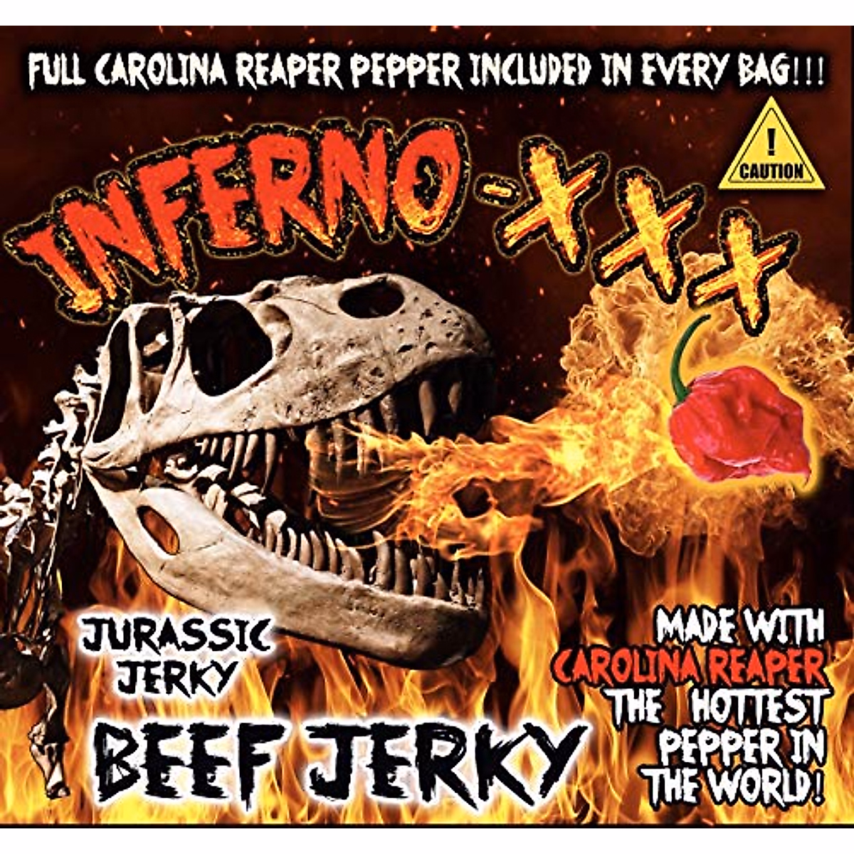 JURASSIC JERKY’S INFERNO - XXX HOT Beef Jerky * Every 1.5 oz bag includes (1) Carolina Reaper Pepper the Hottest Pepper in the World! Can you handle the Heat? Take the Challenge!