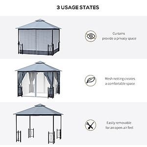 Outsunny 11' x 13' Patio Gazebo, Double Roof Outdoor Gazebo Canopy Shelter with Netting & Curtains, Steel Corner Columns for Garden, Lawn, Backyard and Deck, Gray