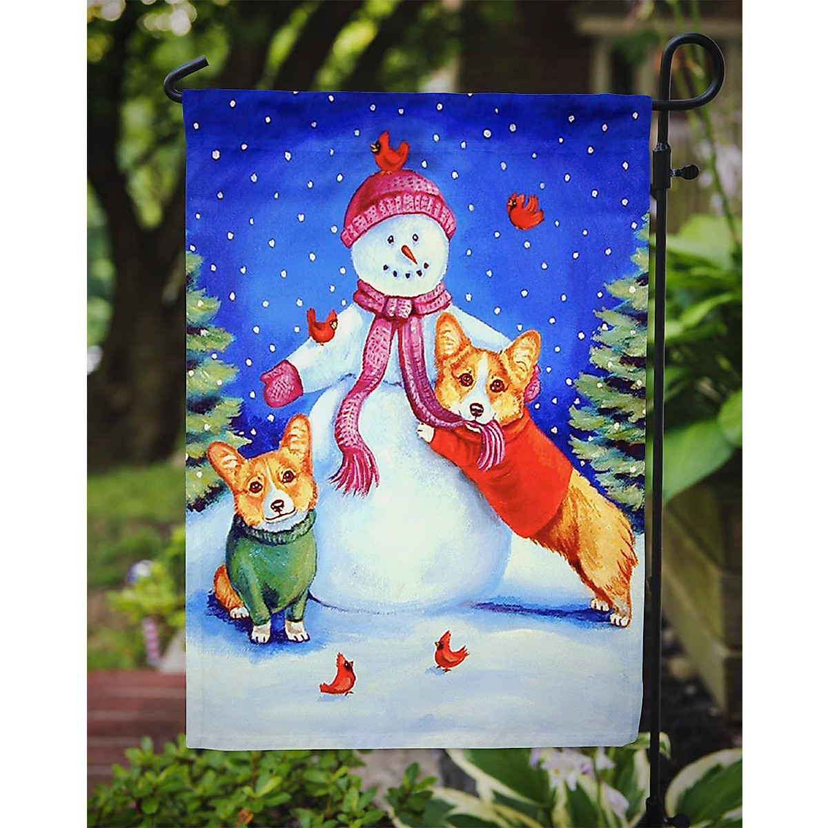 Caroline's Treasures 7048GF Snowman with Corgi Garden Flag Mailbox Flag Decorative Yard Flag Banner Outside Patio Artwork Yard Flower Beds, Garden Size, Multicolor