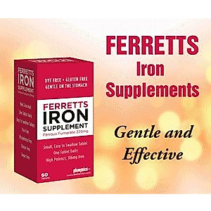 Ferretts Iron Tablets 106mg (325mg Ferrous Fumarate) - 60 Day Supply of High Potency Iron Supplements for Women & Men - Gentle & Non-Constipating Iron Supplements for Anemia - 60 Iron Pills Per Bottle