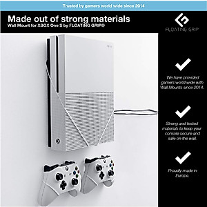 Xbox One S Wall Mount Solution by FLOATING GRIP - Mounting Kit for Hanging Game Consoles - Strong & Slim Ropes - Easy-to-Install System (Bundle: Fits XBOX One S + 2x Controllers, white)