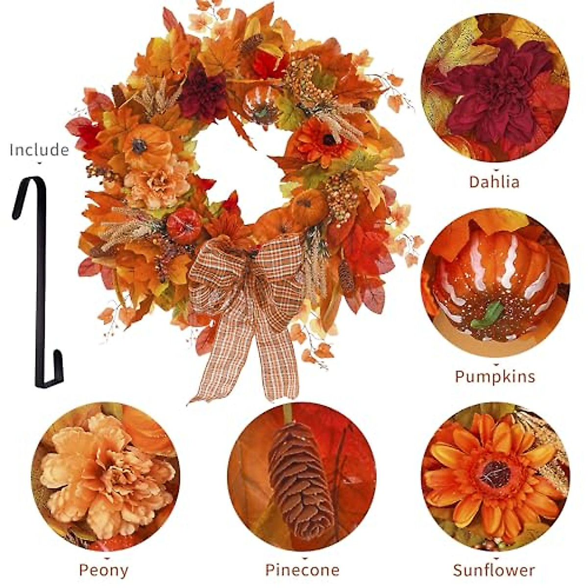 Fall Wreath for Front Door, 24 Inch Fall Door Wreath with Wreath Hanger, Autumn Pumpkin Wreath for Fall Decor Outdoor Indoor, Thanksgiving Day, Fall Decorations for Home