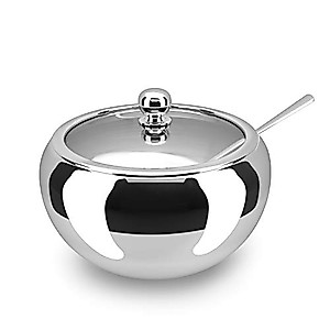 KooK Large Stainless Steel Sugar Bowl with Lid and Spoon, Serving Dish, Clear Glass Lid, Storage for Salt, Candy, Coffee, Holds 2 Cups, Dishwasher Safe, 16 oz (Stainless Steel)