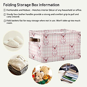 xigua Pink Class Plaid Pig Storage Baskets,Large Decorative Collapsible Rectangular Canvas Fabric Storage Bin for Home Office(15x11x9.5inch,2 Pack)