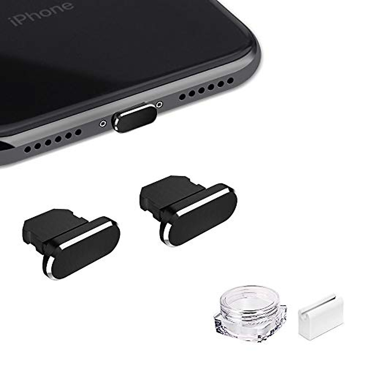 VIWIEU Metal Anti Dust Plug Compatible with iPhone 14 13 12 11 X XS XR 8 7 SE Mini Plus Pro Max iPad AirPods, 2 Pack Lightning Charging Port Cover Protectors with Plug Holder and Storage Box (Black)